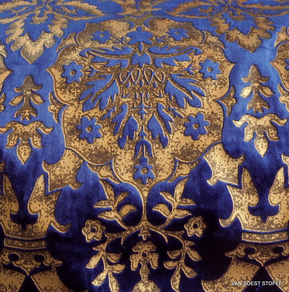Gold Brokat Imitat Samt in Royal - Blau - Gold | Gemusterte Stoffe ...