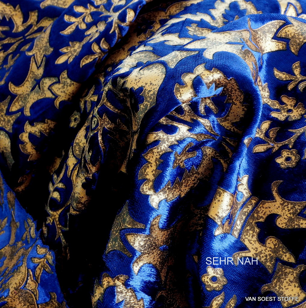 Gold Brokat Imitat Samt in Royal - Blau - Gold | Gemusterte Stoffe ...